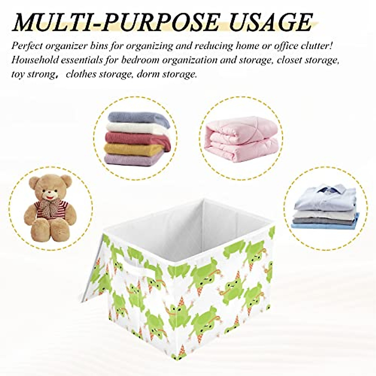 Krafig Cartoon Frogs Foldable Storage Box Large Cube Organizer Bins Containers Baskets with Lids Handles for Closet Organization, Shelves, Clothes, Toys