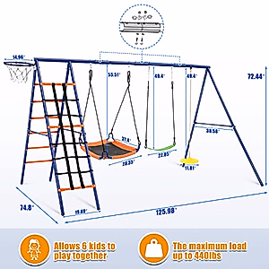 Swing Sets for Backyard 550 lbs - 6 in 1 Multifunction Kids Swing Set Outdoor Heavy Duty Extra Large Metal Swing Frame with 3 Adjustable Swing Climbing Net Climbing Ladder Basketball Hoop