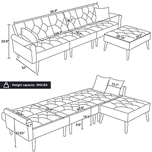 ivinta Convertible Velvet Sofa Couch, Sectional Sofa with Ottoman, Mid-Century Upholstered Comfy Sofa Bed, Queen Sleeper Sofa for 4-Seater, Modular Sofa for Living Room (Black)