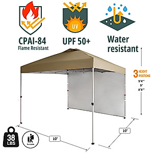 CROWN SHADES 10x10 Pop Up Canopy with 1 Side Wall - Beach Tent with One Push Setup - Outdoor Sun Shade for Events, Parties, Camping - Gazebo with STO-N-Go Cover Bag (Beige)