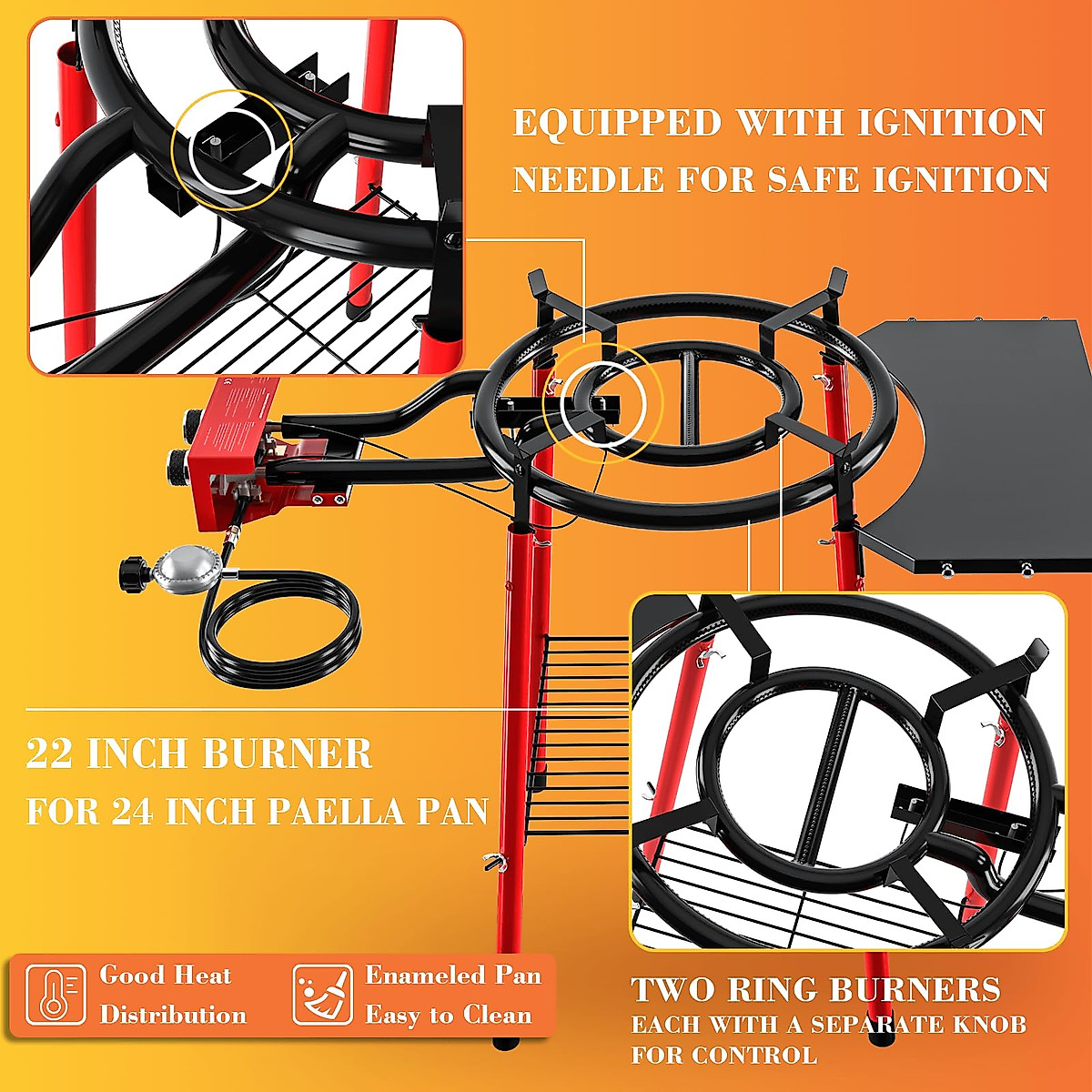 GRISUN Paella Pan, Paella Burner and Stand Set, Paellera Set, 24 Inch Enameled Paella Pan Set, with Built-In Ignitor, Regulator Hose, Carry Bag, Durable Legs with Bottom Shelf, Side Shelf(19 Servings)
