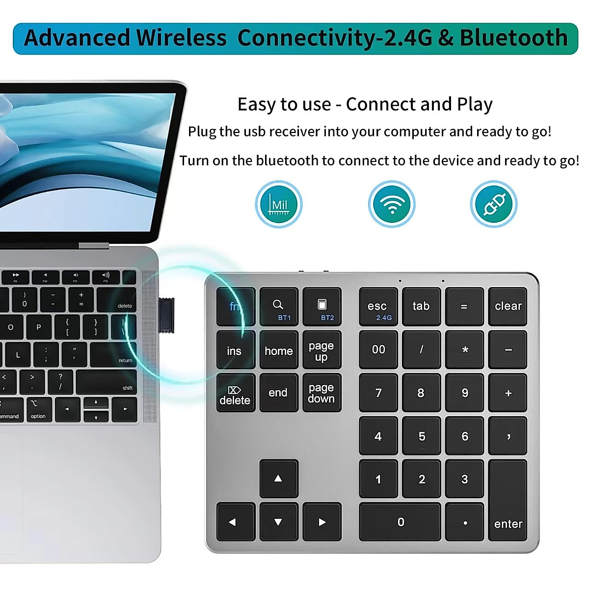 LOONASA Bluetooth Number Pad, Rechargeable Wireless Numeric Keypad, Three Mode, Slim & Silent Design, 35-Keys External Numpad USB Keyboard for MacBook, iPad, iPhone, iOS, Laptop, Windows, Android, PC