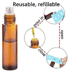 ZIZEMOJA 6Pcs 10ml Essential Oil Roller Bottles, with Stainless Steel Roller Balls, 10ml Amber Glass Roll on Bottles for Essential Oils, 1 Extra Roller Ball, 6 Labels, 1 Openers, 2 Droppers Included