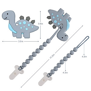 Baby Teething Toys for Babies 3-6 6-12 Months, Dinosaur Teether Pain Relief Toy with One Piece Design Pacifier Clip Holder Set, Freezer Safe Neutral Shower Gift for Boys and Girls (Grey)