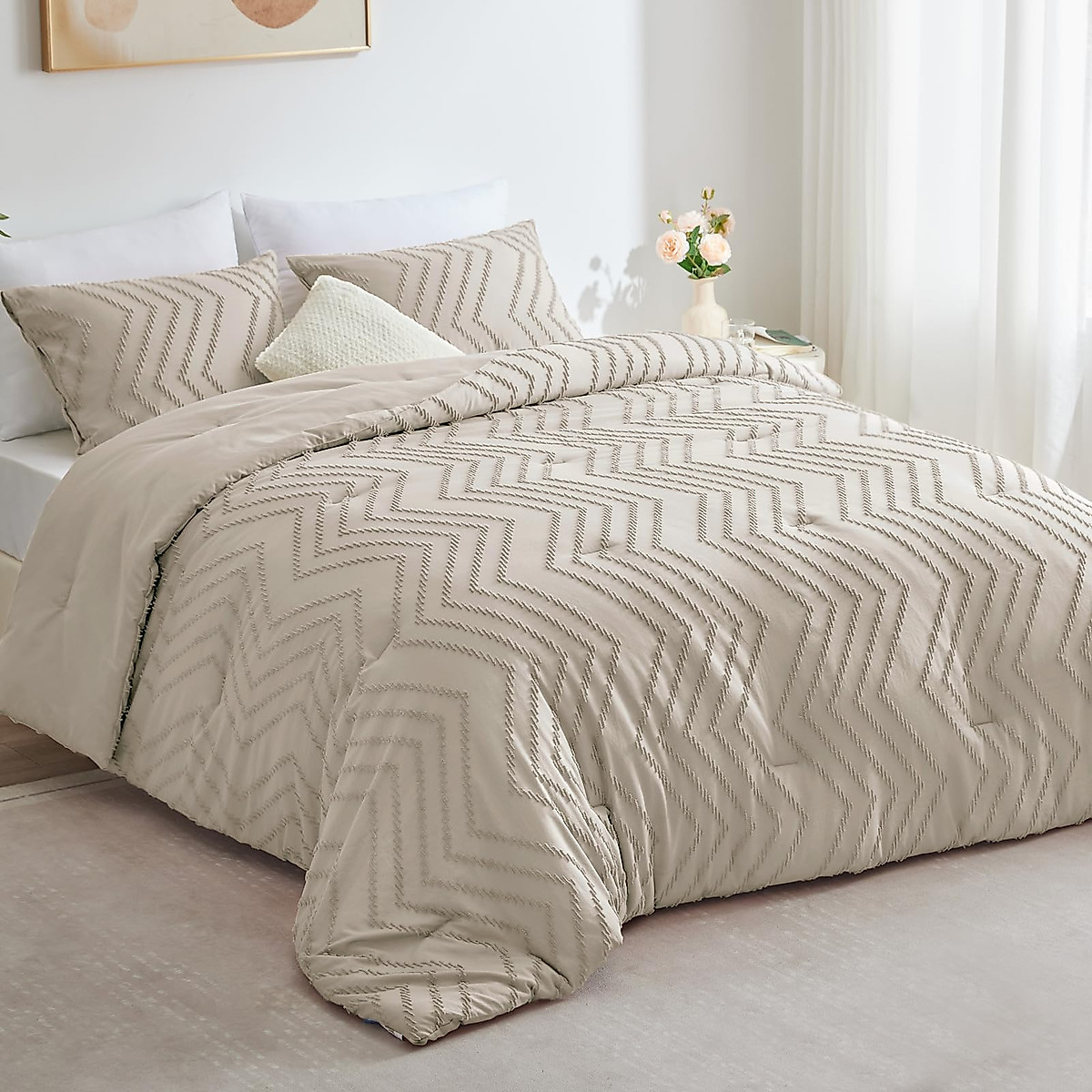 CozyLux Twin/Twin XL Size Comforter Set Beige - 1 Pieces Boho Tufted Shabby Chic Bedding Comforter Set for All Seasons, Chevron Bedding Sets with Comforter & 1 Pillow Shams