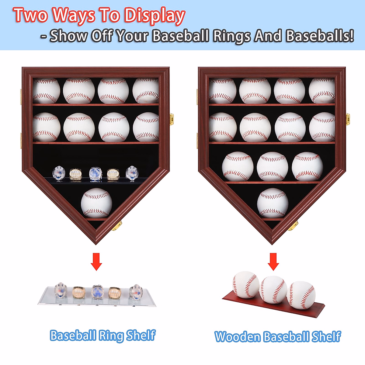 BYOSII Baseball and Championship Ring Display Case 12 Baseball Holders for Balls Display Baseball Ring Display Wall Cabinet with 98% Uv Protection for Collection Autographed Baseball Championship Ring