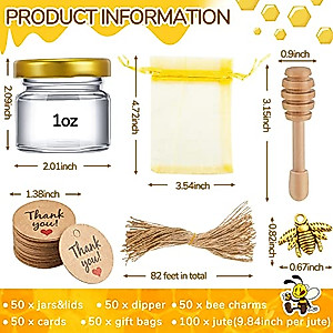 50 Pcs 1oz Small Glass Jars with Lids Mini Honey Jars with Wood Dipper, Bee Charms, Golden Gift Bags, Jutes, and Tags, Jars with Golden Lids for Baby Shower, Wedding, and Party Favors
