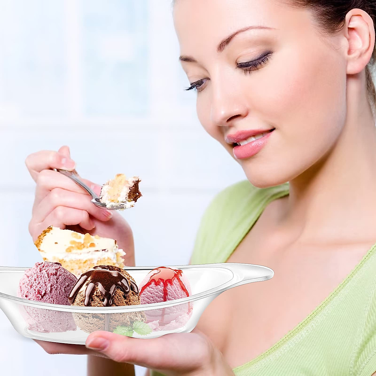 DLUGOPIS 24 Pcs Acrylic Banana Split Bowls Set Banana Boat Dishes Banana Split Dish12 Pcs Reusable Banana Boat Plate 12 Pcs Teaspoon 8 Oz Banana Split Dish Clear Serving Plates for Ice Cream Dessert