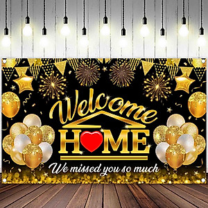 Swepuck 72x43inch Fabric Welcome Home Photography Backdrop Black Gold Family Reunion Background We Missed You So Much Party Decorations Banner Photo Shoot Props