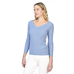 State Cashmere Women’s Easy V-Neck Ribbed Sweater 100% Pure Cashmere 3/4 Sleeve Pullover (Bella Blue, Large)