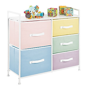 mDesign 30.3" High Steel Frame/Wood Top Storage Dresser Furniture, 5 Fabric Drawers, Tall Bureau Organizer for Baby, Kid, Teen Bedroom, Nursery, Playroom, Dorm, Jane Collection, Bright Multi/White