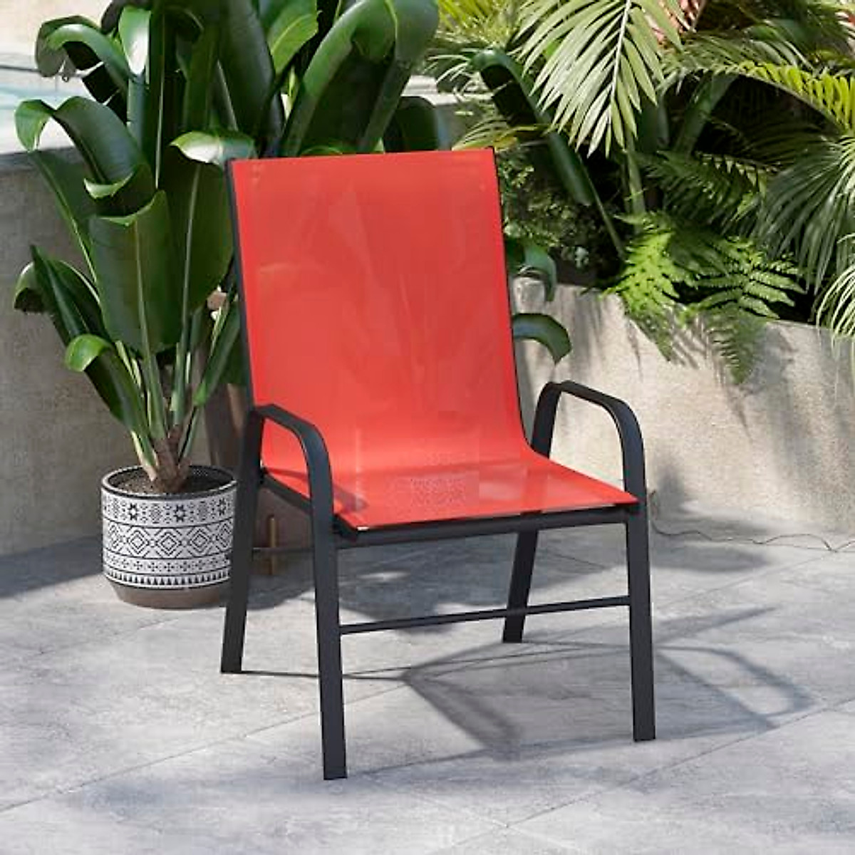 Flash Furniture Brazos Series Red Outdoor Stack Chair with Flex Comfort Material and Metal Frame, Set of 4