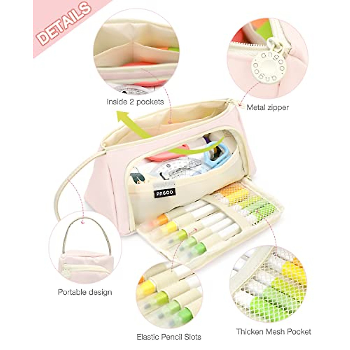 Large Capacity Pencil Case Pen Bag, Pencil Bag Stationery Storage Pencil Pouch, Handheld Makeup Pouch Holder, Pencil Pouch Organizer College School Office Supplies for kid Adult Christams Gift(Pink)