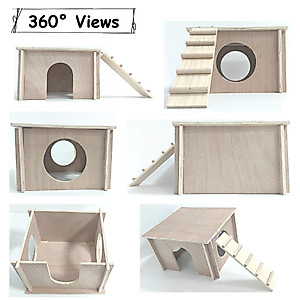 PINVNBY Guinea Pig Hideout Chinchilla Wooden House Hut with Windows Natural Handcrafted Detachable Small Animal Hideout Hut for Hedgehog Rat Hamster Gerbil