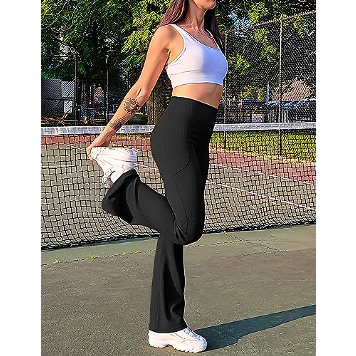 Pinspark Women's Ribbed Bootcut Yoga Pants with Pockets High Waisted 31" Lenght Pants Elastic Leggings Flare Workout Pants Black M