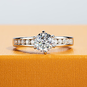 Moissanite Engagement Rings 1ct D Color VVS1 Clarity Round Brilliant Cut Channel Set Lab Created Diamond S925 Sterling Silver 6 Prong Solitaire Promise Wedding Rings Christmas Gift for Women with Certificate(6)