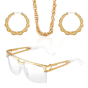 Yewong Women Hip Hop Costume Kit Old School DJ Sunglasses Gold Plated Chunky Rope Chain Bamboo Hoop Earrings 80s/90s Punk Hip Hop Rapper Style Accessories Set for Women Girls