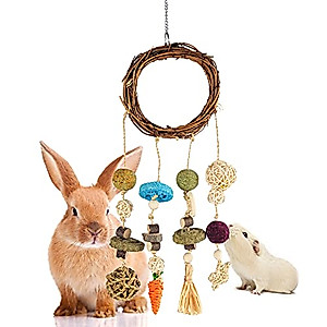 Small Pet Bunny Chew Toys, Bunny Cage Hanging Chew Toys, Handmade Rattan Ring Toys with All Natural Snacks for Bunnies Chinchillas Hamsters Guinea Pigs Teeth Grinding Exercise and Fun