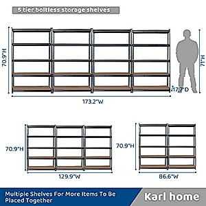 Karl home Garage Shelving Heavy Duty, 5-Tier Large Size Adjustable Metal Shelving Unit Rack Organization for Garage Pantry Basement, 2000lbs,43.3" L x 17.7" W x 70.9" H, Gray