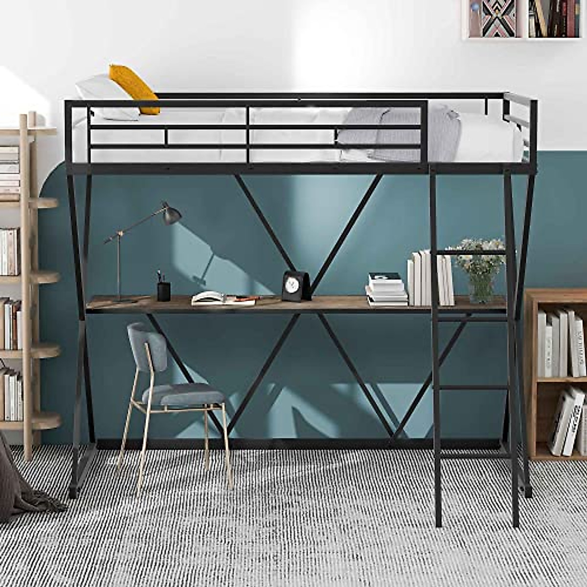 ATY Metal Loft Bed with Wood Desk and Ladder, X-Shaped Twin Size Bedframe w/Full-Length Guardrails, for Kids Teens Adults, Bedroom Furniture, Black