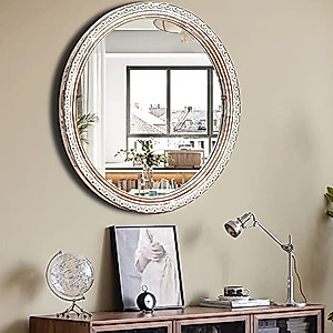 HCODCIBA Round Mirror 24 Inches, Farmhouse Wood Circle Mirror,Wall Mirror Decorative for Entryway,Bedroom, Living Room,Rustic Wooden Hanging Mirror