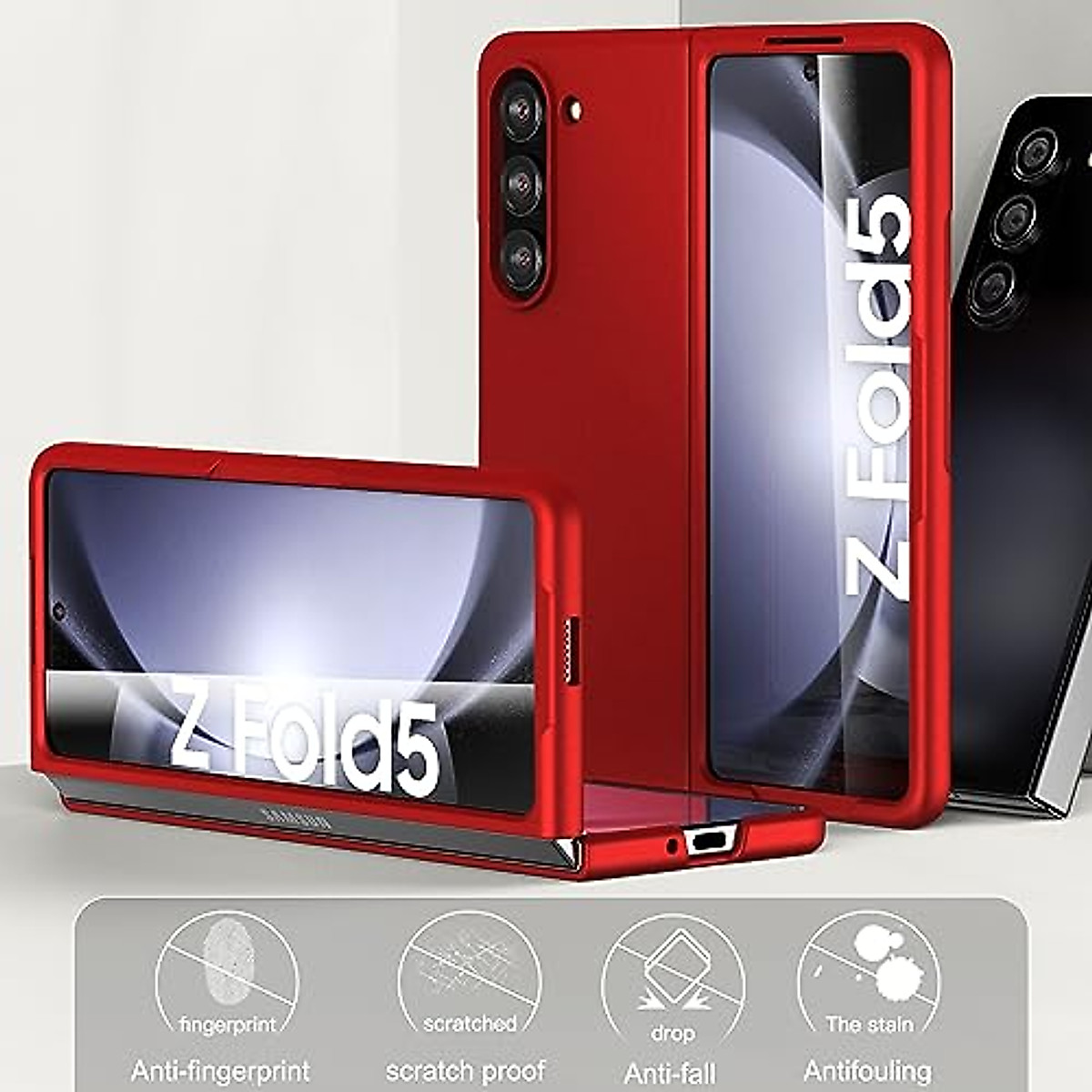 redluckstar Case for Samsung Galaxy Z Fold 5,Thin Slim Fit Matte PC with Non-Slip Built in Screen Protector Full-Body Protection Built in Screen Protection Phone Cover for Galaxy Z Fold 5 (Red)