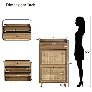 SSLine Shoe Cabinet with 2 Flip Down Storage Shelves and Drawer Free-Standing Shoe Rack Rustic Walnut Wood Shoe Storage Organizer with Unique Rattan Door for Entryway Hallway Doorway Small Space