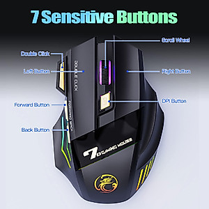 VEGCOO Wireless Gaming Mouse, Rechargeable Silent Wireless Mouse with 4800 DPI Adjustable,Double Click Key, Colorful RGB Lights, Computer Mice with Thumb Rest for PC/Mac Gamer (C26 Black)