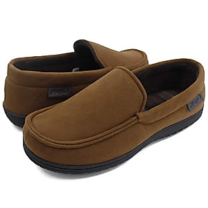 Magtoe Moccasin Slipper for Men Warm House Slippers Memory Foam Indoor Outdoor Home Slide Shoes Winter Fall(13-14,Coffee)