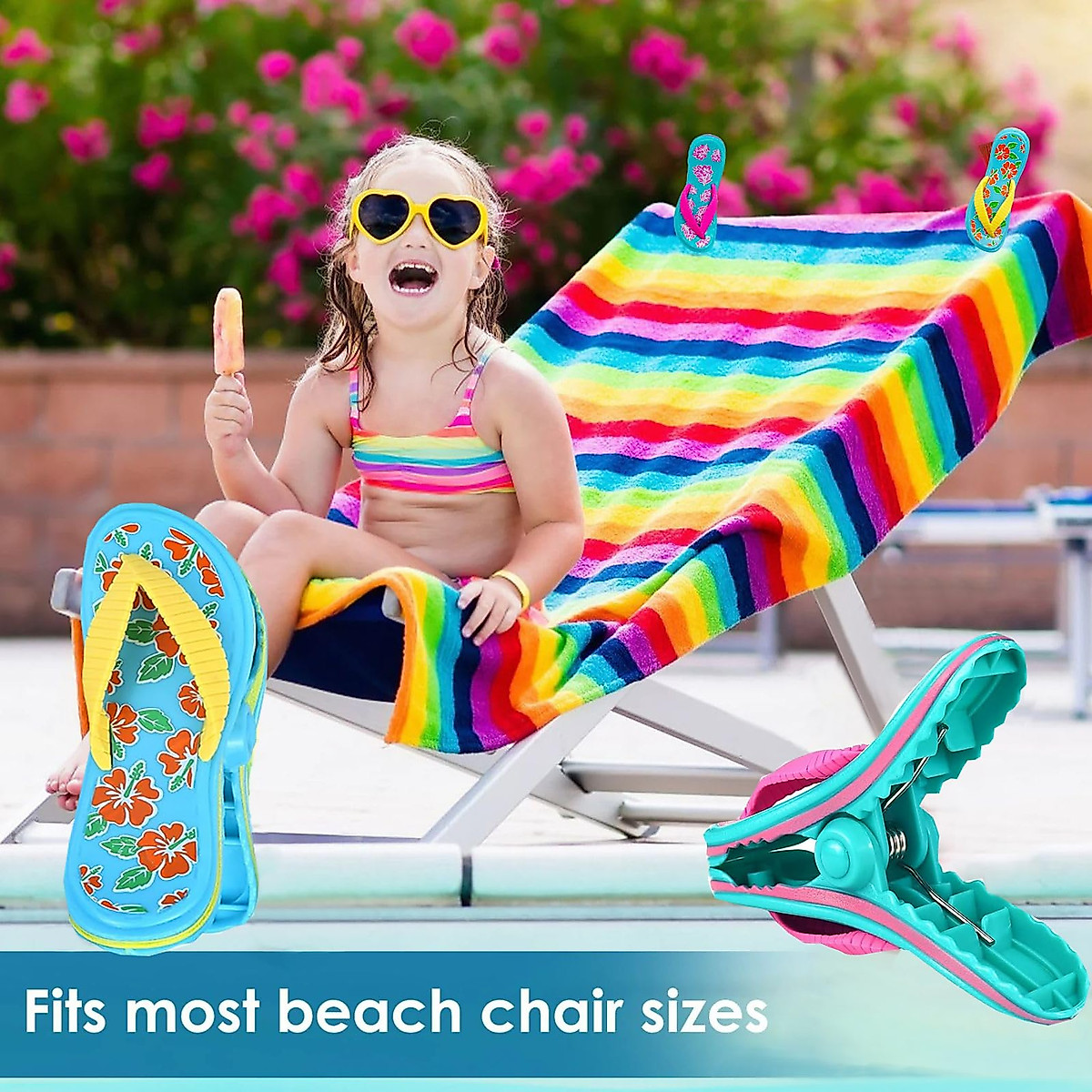 Beach Towel Clip,Vshinic Flip Flop Beach Towel Clips,Slippers Towel Clip,Strong Beach Chair Clips Peg Clips for Towels Beach Chairs Deck Patio Pool Boat Cruise Lounge Chair Accessories (4Pack