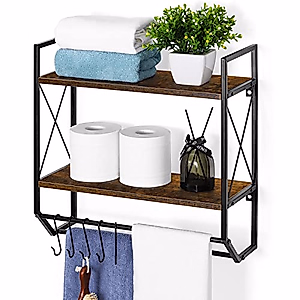 Bathroom Wall Shelf Wall Mounted Industrial 2 Tier Wood Bathroom Towel Rack with Towel Bar, 5 Metal Hooks Rustic Wall Hanging Toilet Storage Shelf for Kitchen, Bathroom, Brown