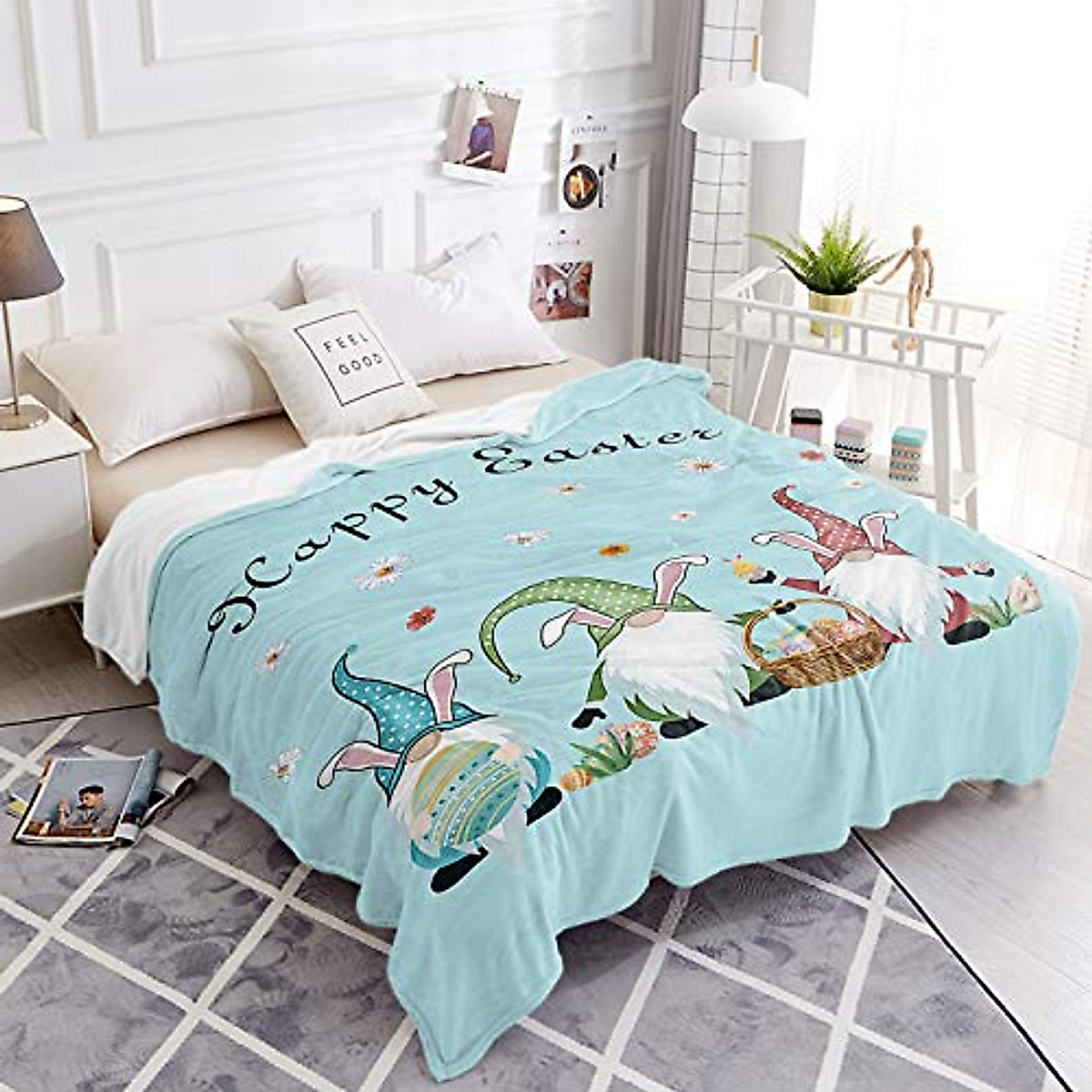 Throw Blankets Happy Easter Gnomes Basket Eggs Fuzzy Soft Bed Cover Bedspread Microfiber Luxury Blanket for Travel Stadium Camping Couch Sofa Chair Blue