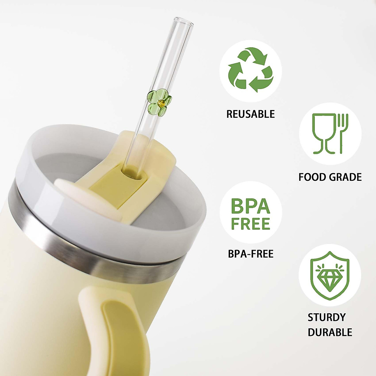 DUMING-IN 6 Pack Replacement Glass Straws for Stanley 40 oz 30 oz Tumbler, Cute Flower Glass Straws with Charms, Stanley Straw with Cleaning Brush Stanley Cup Accessories