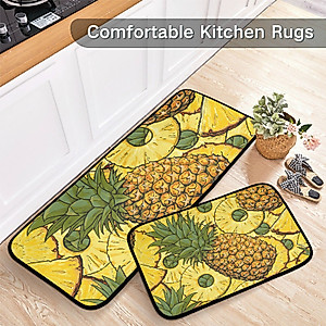 BOENLE Kitchen Rugs and Mats Non Skid Washable Kitchen Rug Set 2 Piece Tropical Pineapple Exotic Fruits Carpet Ergonomic Comfort Standing Mat for Kitchen,Bathroom, Laundry