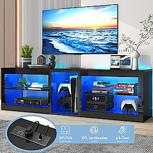 Vinctik 6&Fox High Gloss LED TV Stands w/Power Outlet,60,000-Colors Lighting for 55 60 65inch TV,Modern Black LED Entertainment Center w/Adjustable Glass Shelves for Living Room Gameroom Bedroom