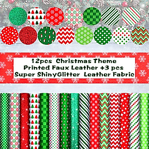 15 Pieces Christmas Leather Sheets Glitter Synthetic Leather Fabric Snowman Printed Fabric Sheets Waterproof Christmas Sheets for Holiday Christmas Bows Earrings Making Supplies (Bright Style)