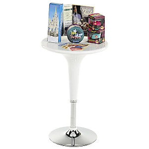 Displays2go White Cocktail Table with 2 Chairs, Adjustable Height, ABS Plastic and Steel Construction, Leatherette Upholstery – White, Chrome (TSFURNK14)