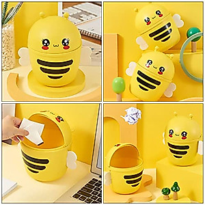 TOPBATHY Plastic Mini Wastebasket Trash Can: Cartoon Bee Desktop Trash Can with Swing Lid for Home, Office, Kitchen, Vanity Tabletop, Bedroom