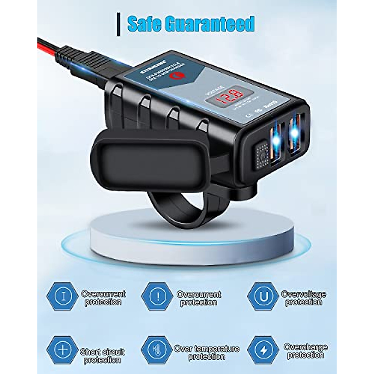 EXTRACTME 6.8A Motorcycle USB Charger, Quick Charge 3.0 Dual USB Motorcycle Phone Charger with Voltmeter & ON/Off Switch, Waterproof Motorcycle Accessories SAE to USB Adapter