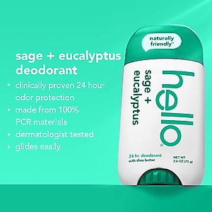 hello White Sage + Eucalyptus Deodorant With Shea Butter for Women + Men, Aluminum Free, Baking Soda Free, Parabens Free, 24 Hour Odor Protection, 2.6 Ounce, 2 Pack