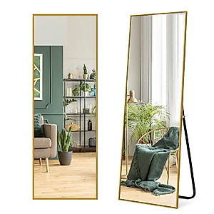 NicBex 64 x 21 Inch Full Length Mirror, Aluminum Alloy Frame Large Wall Mirror, Vanity Mirror, Bedroom Mirror, Dressing Mirror, Living Room Mirror, Gold, with Stand