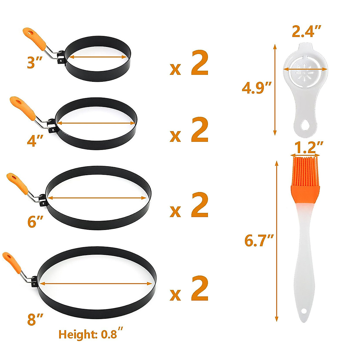 8 Pcs Egg Pancake Rings Set for Griddle, 8" Omelette Ring, 6" Pancake Molds, 4" Fried Egg Rings, 3" Egg Ring for Frying Egg, Non-stick Stainless Steel Egg Pancake Mold with Silicone Handle