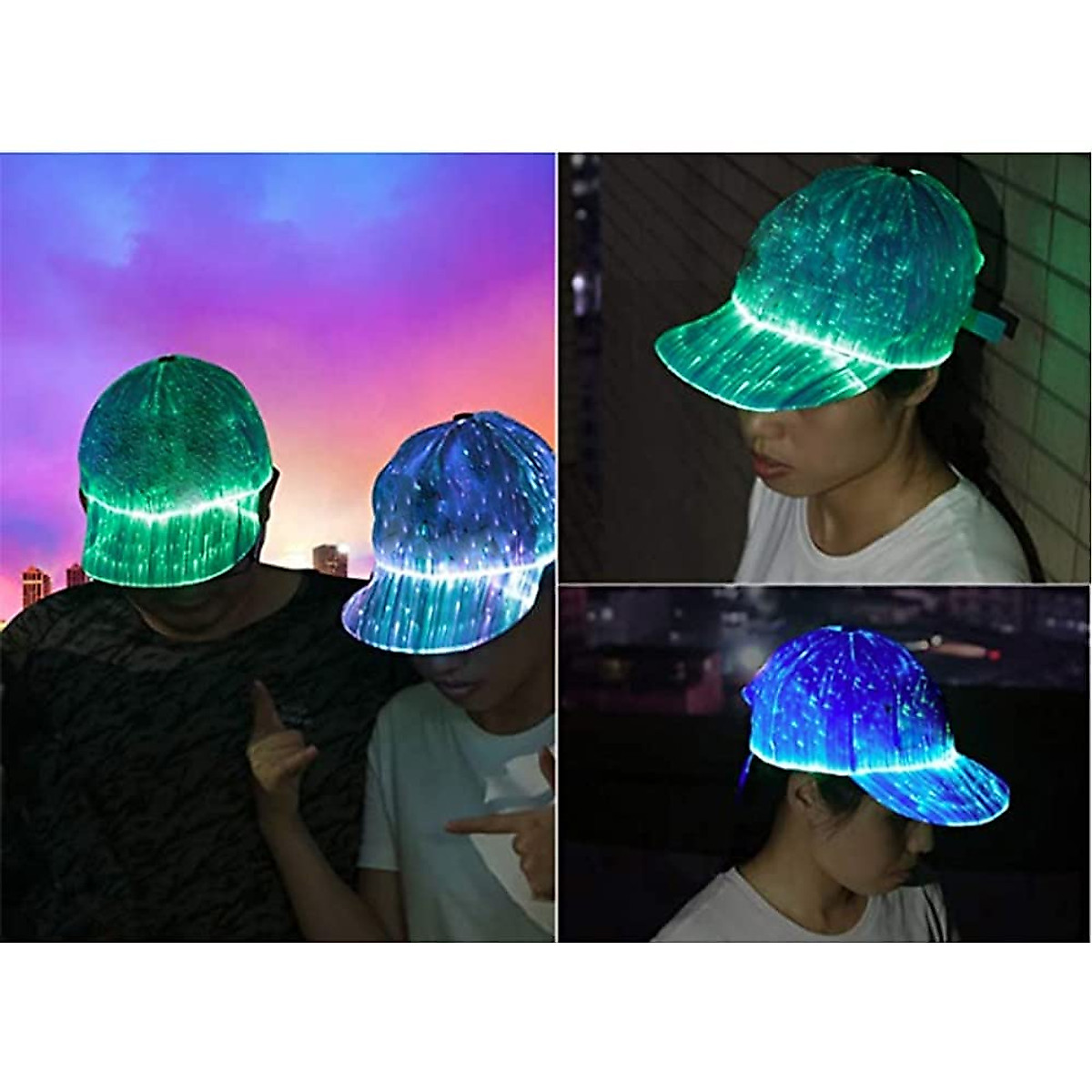 HUNRUY Hip Hop Luminous LED Baseball Cap Hats For Christmas Rave with 7 Colors Light USB Charging (Black)