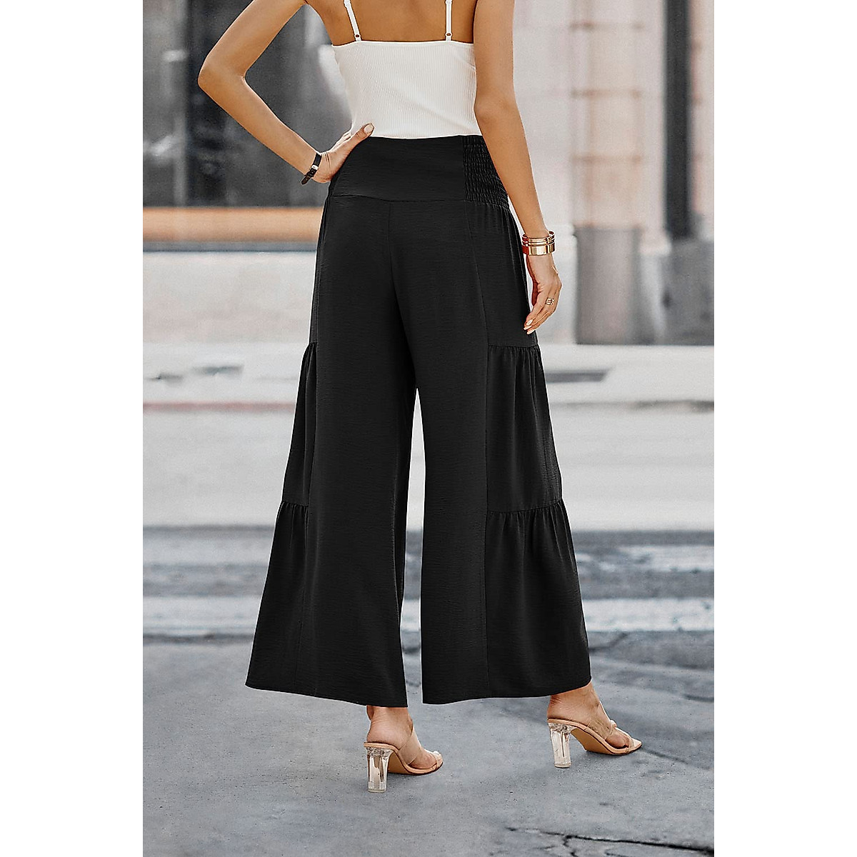 PRETTYGARDEN Women's Casual Long Palazzo Pants Elastic High Waist Wide Leg Loose Lounge Trousers (Black,Medium)