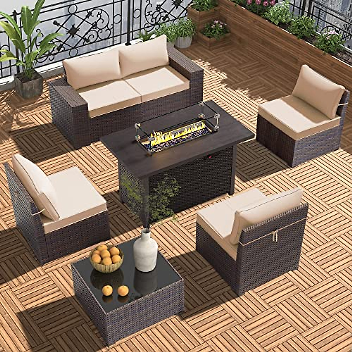 Grezone Patio Outdoor Furniture Sets with Fire Pit Table 7 Piece All Weather Wicker Conversation Sectional Sofa Couch Lawn Sectional Furniture with Washable Couch Cushions and Wicker Table, Beige
