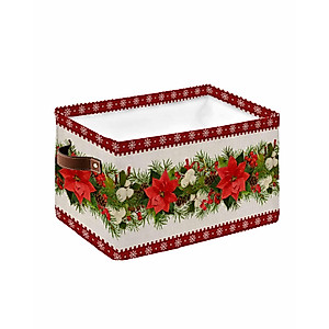 Anzona Christmas Poinsettia Storage Basket for Shelves, Xmas Floral Pine Needles Burlap Storage Cube Fabric Storage Bins, Closet Organizers with Handles for Book, Toys, Cloth, 15"x11"x9.5", 1 Pack