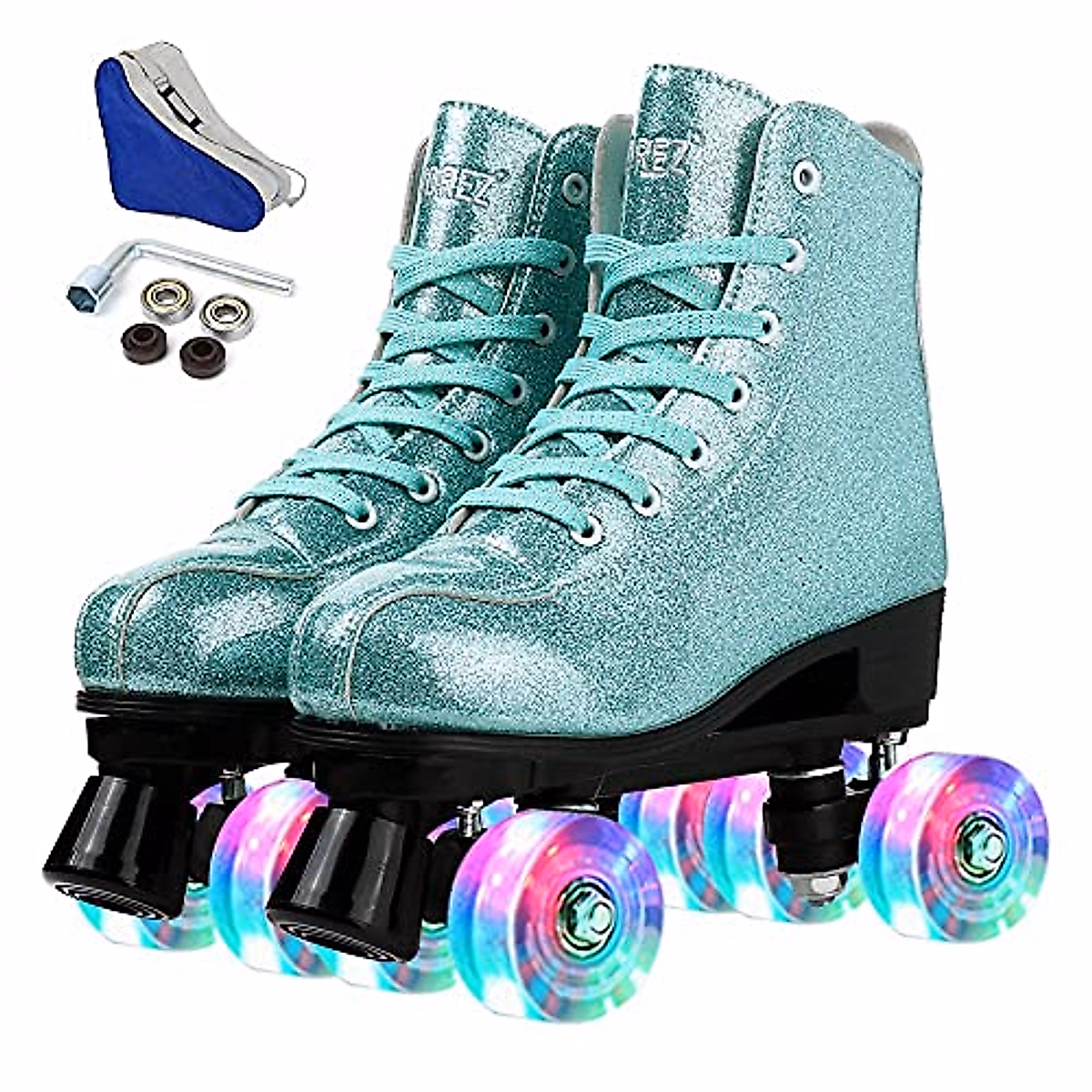 Comeon Roller Skates for Women PU Leather Roller Skates High-Top Leather for Beginners Teens for Woman,Girls and Boys,Adult (Green crystal,flash wheel,250/uk5.5/eur38)