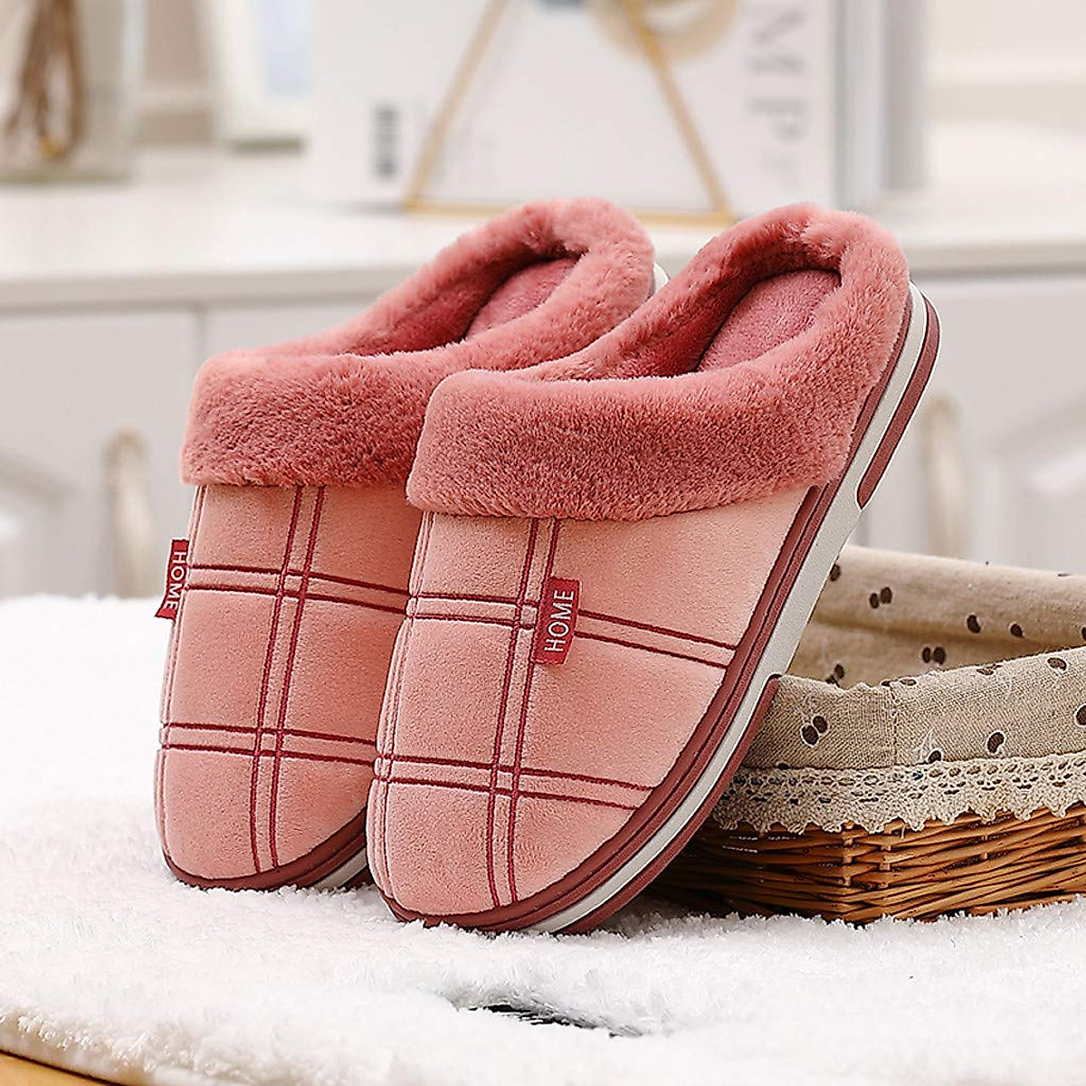 FraftO Warm Winter Mens Slipper Velvet Waterproof Fur Home Warm Memory Cotton Slippers Shoes Pink