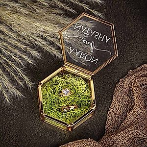 Getname Necklace Custom Hexagon Glass Ring Box with Moss for Wedding Ceremony Birthday Engagement Ring Box for Proposal Bearer Box with Names & Initials Ring Holder Jewelry Ring Boxes Organizer
