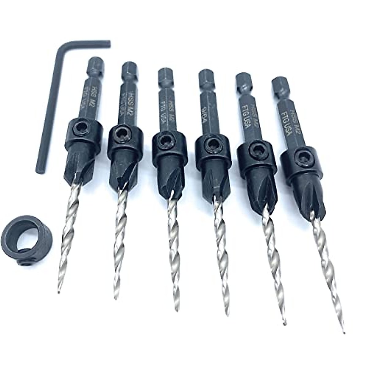 FTG USA Countersink Drill Bit Set 6 Pc #6 (9/64") Wood Countersink Drill Bit Pro Pack Countersink Set, Tapered Countersink Bit, 1 Stop Collar, Hex Wrench, Woodworking Countersink Drill Bits